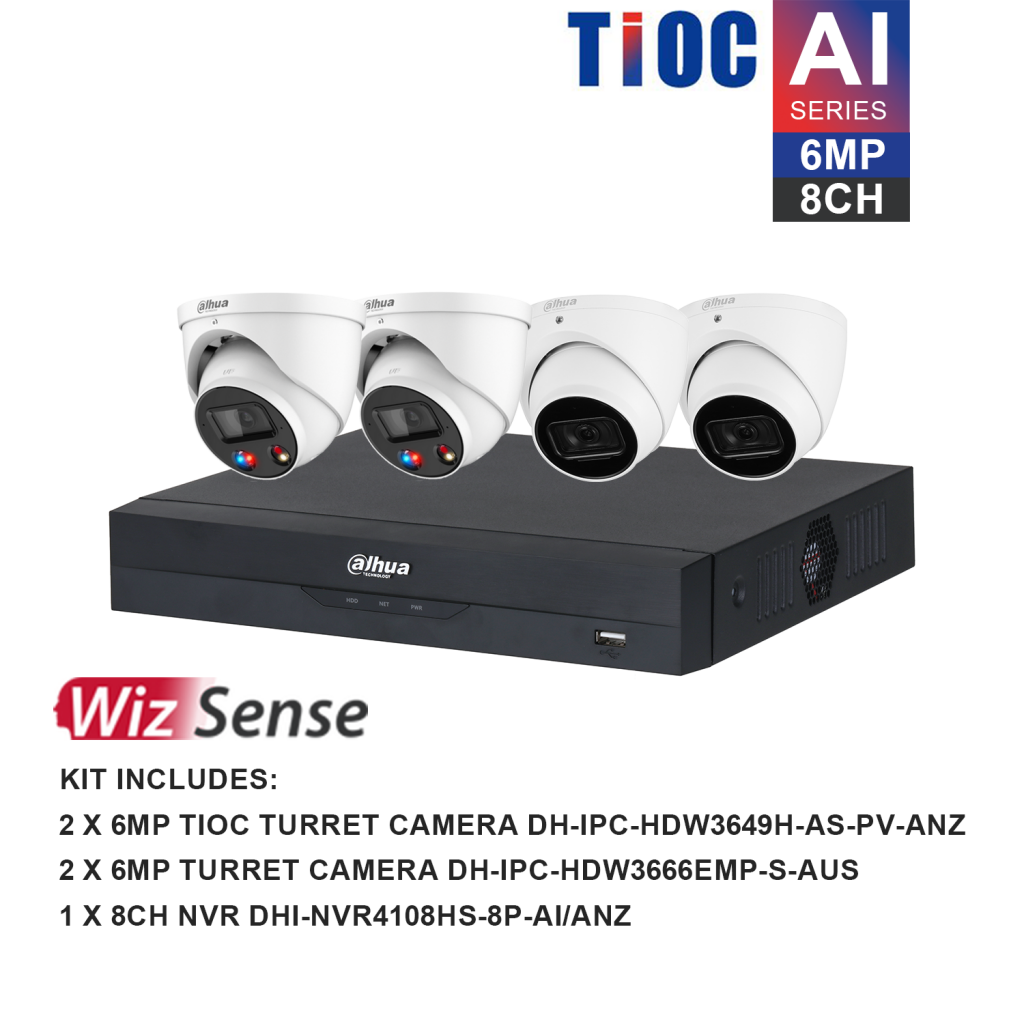 Dahua 6 MP + 8 Channels Kit: 2 x 6MP TiOC and 2 x 6MP Turret Cameras with 8CH AI NVR - Security ...